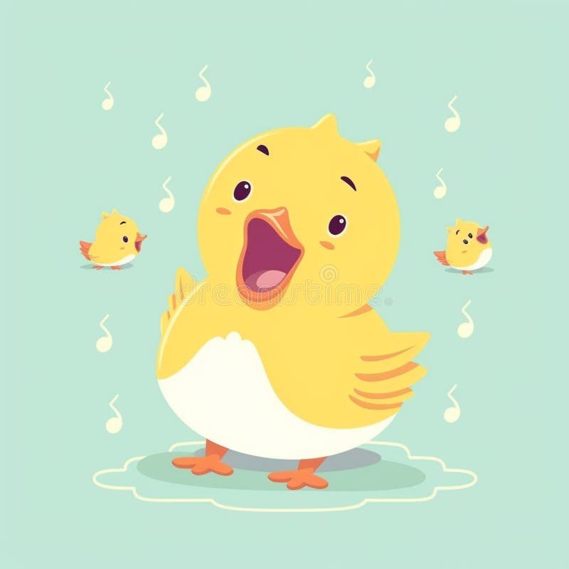 Cute Little Duck Cartoon Singing Surrounded by Music Notes Illustration ...