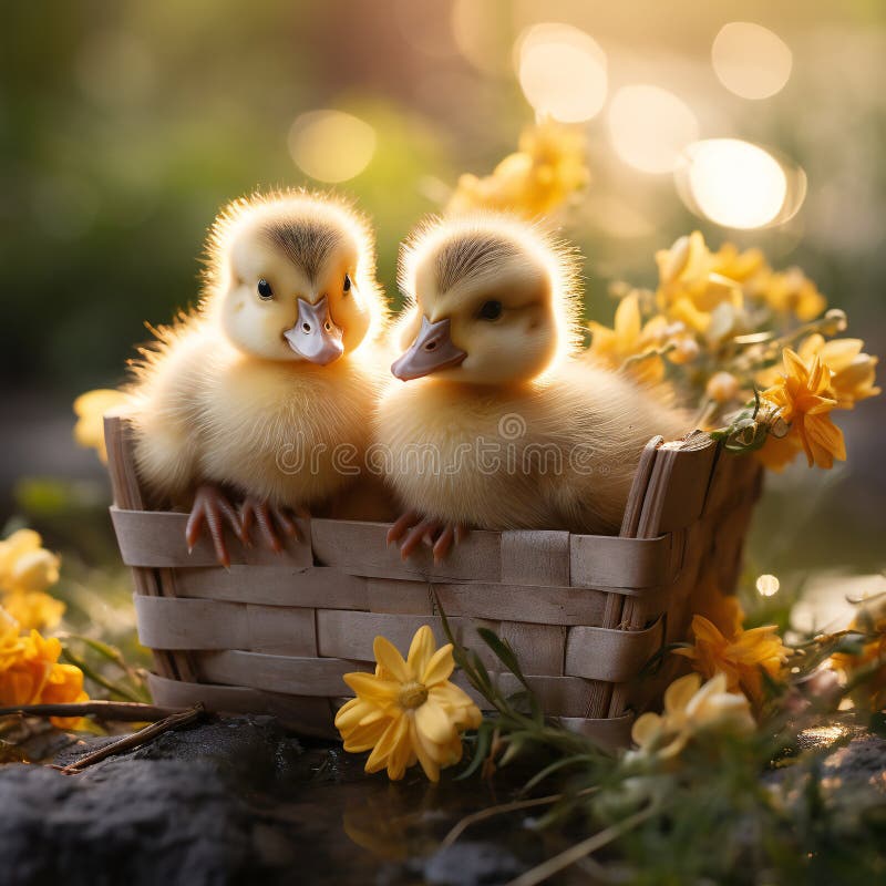 Cute Little Ducklings in a Basket on a Background of Spring Flowers ...