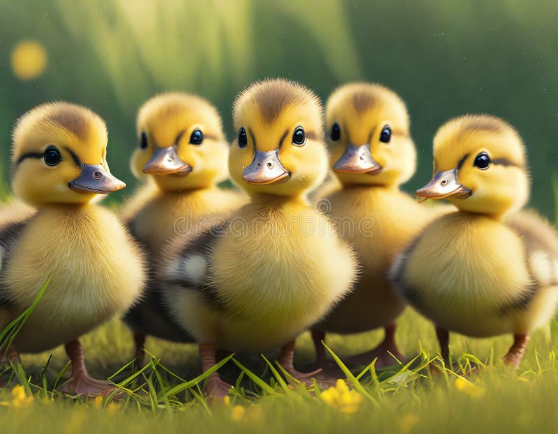 Cute Little Ducklings on Green Grass Stock Illustration - Illustration ...
