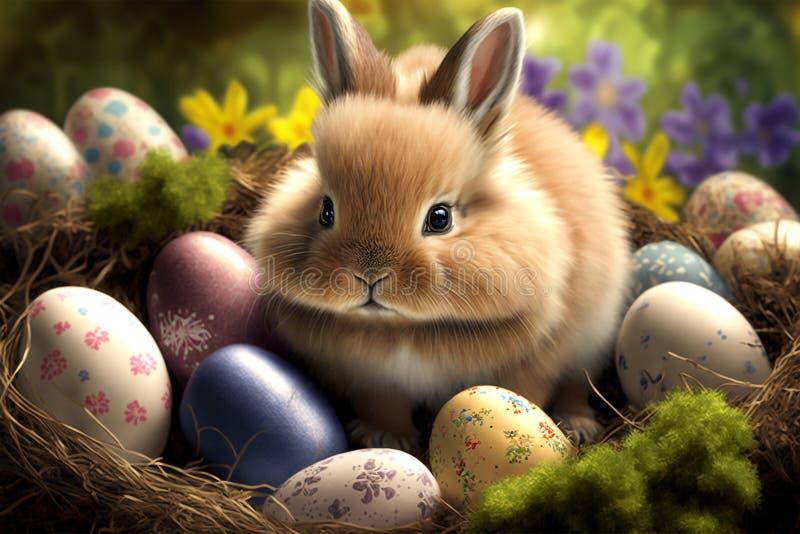 Cute Little Easter Bunny with Easter Eggs and Flowers, in a Nest. Stock ...