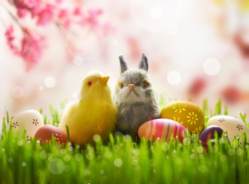 Cute Little Easter Chick on Green Meadow in Nature with Bloom Landscape ...