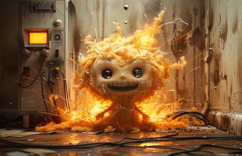 Cute Little Electric Monster. Small Toy Monster is on Fire in Room with ...