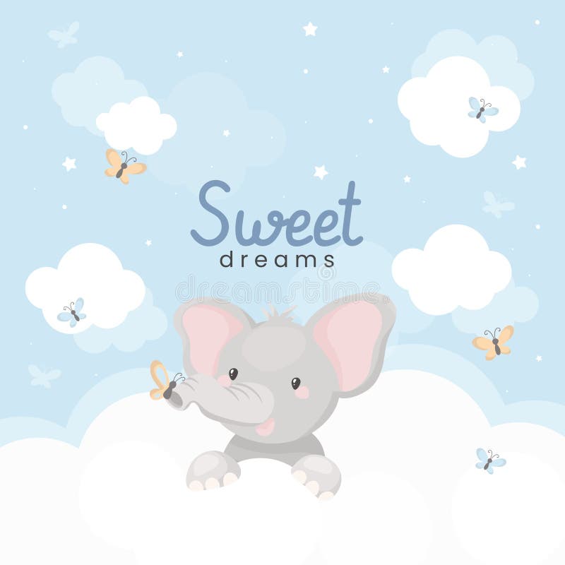 Cute Little Elephant on the Cloud. Sweet Dreams Vector Illustration for ...