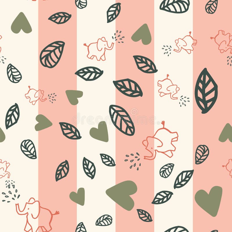 Cute Little Elephants Heart Leaf Seamless Pattern Design Stock Vector ...