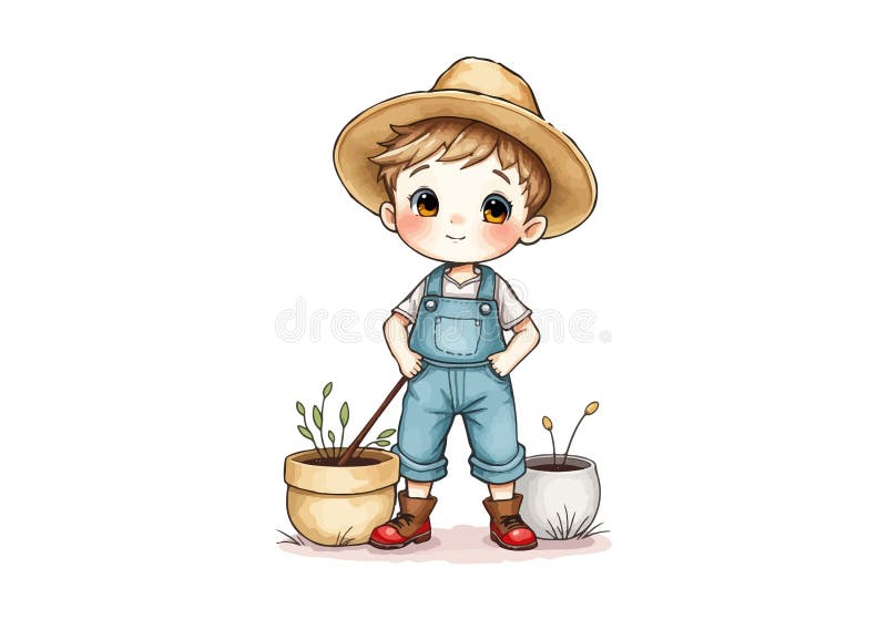 Cute Little Farmer Watercolor Vector Illustration. Stock Illustration ...
