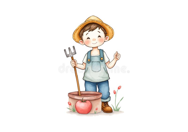 Cute Little Farmer Watercolor Vector Illustration. Stock Illustration ...