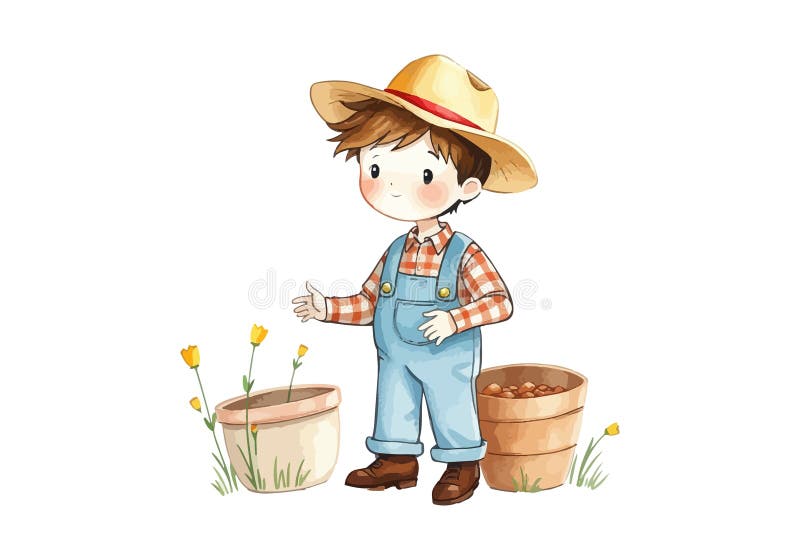 Cute Little Farmer Watercolor Vector Illustration. Stock Illustration ...