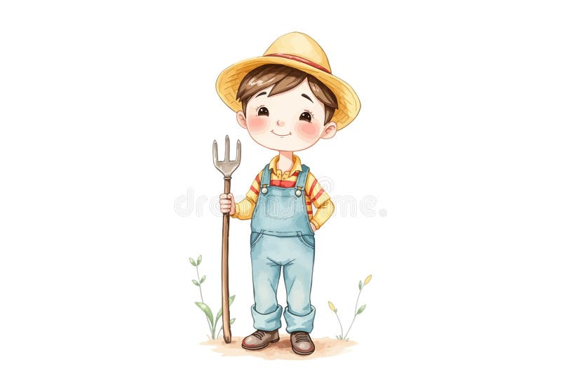 Cute Little Farmer Watercolor Vector Illustration. Stock Illustration ...