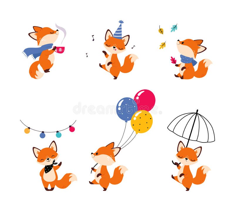 Cute Little Fox Engaged in Different Activity Vector Set Stock Vector ...