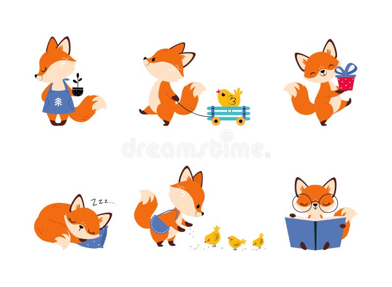 Cute Little Fox Engaged in Different Activity Vector Set Stock Vector ...