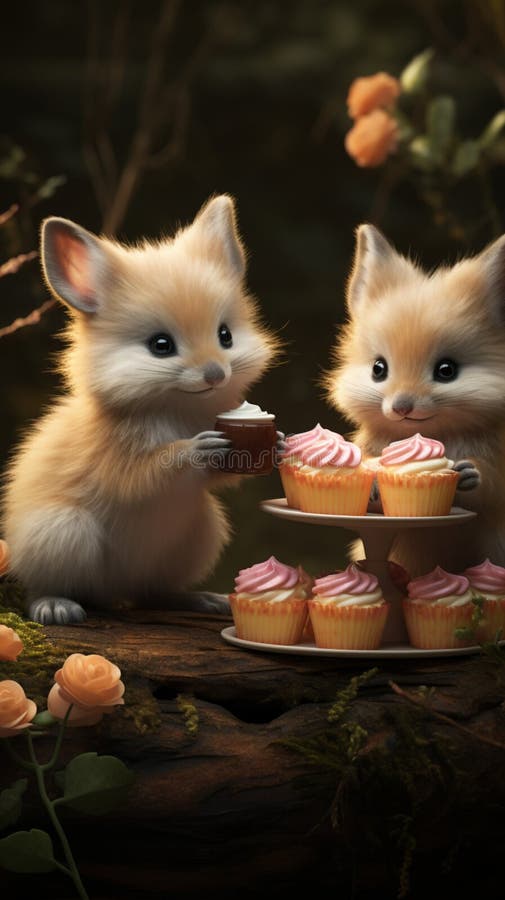 Cute Little Fox and Rabbit in the Forest with Cupcakes Stock ...