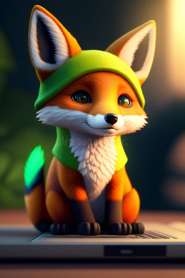Cute Little Fox Sitting on a Laptop Computer, 3d Illustration Stock ...