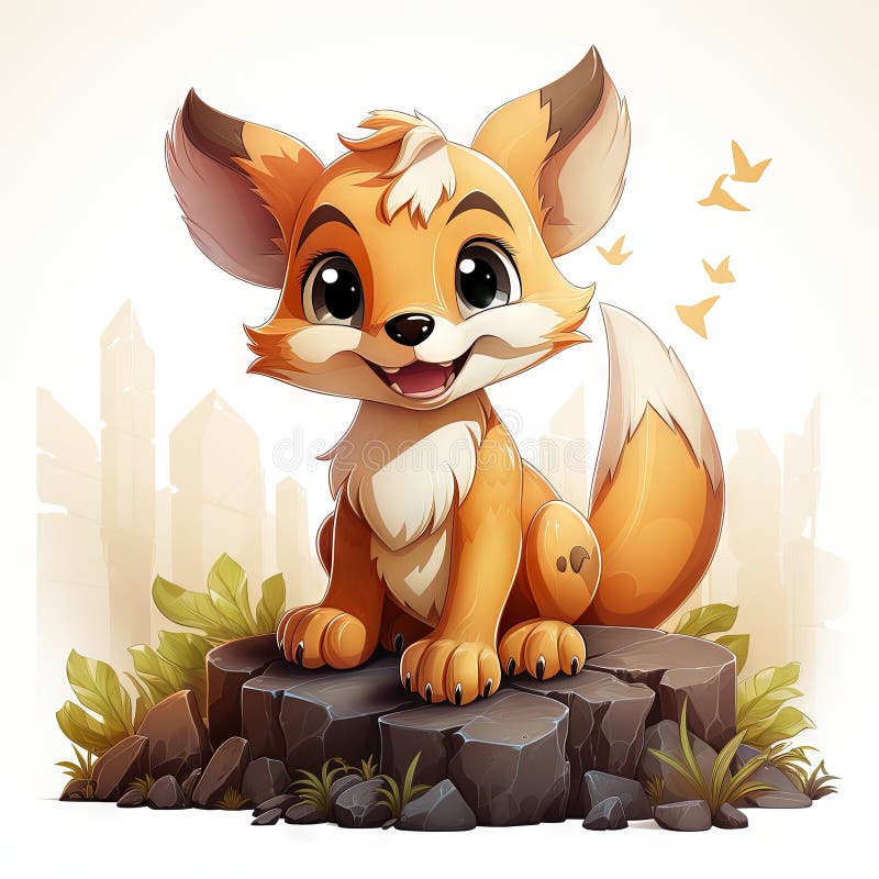 A Cute Little Fox Sitting on Top of a Pile of Rocks Stock Illustration ...