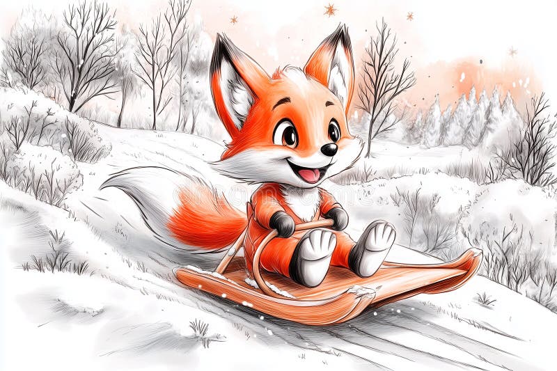 Cute Little Fox is Sledding Down the Hill Against the Backdrop of a ...