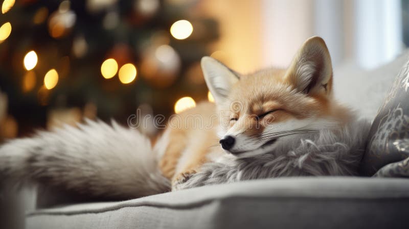 Cute Little Fox Sleeping on Sofa in Room with Christmas Tree and Lights ...