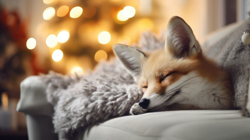 Cute Little Fox Sleeping on Sofa in Room with Christmas Tree and Lights ...