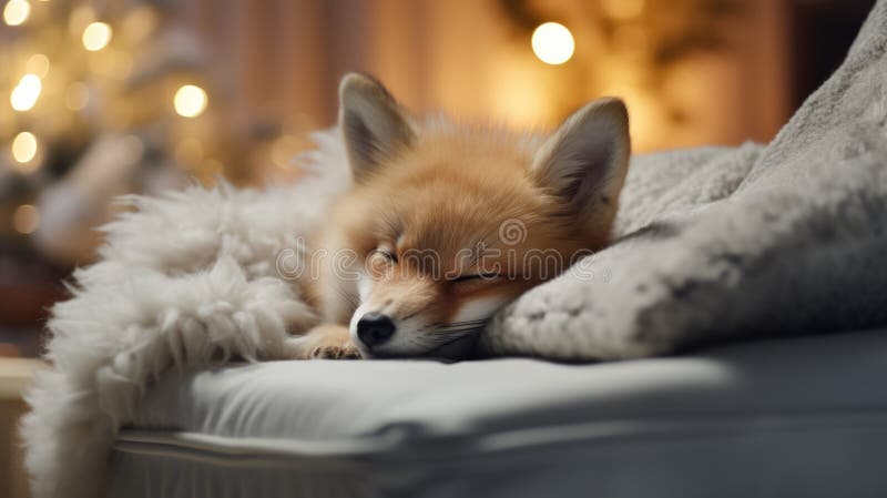 Cute Little Fox Sleeping on Sofa in Room with Christmas Tree and Lights ...