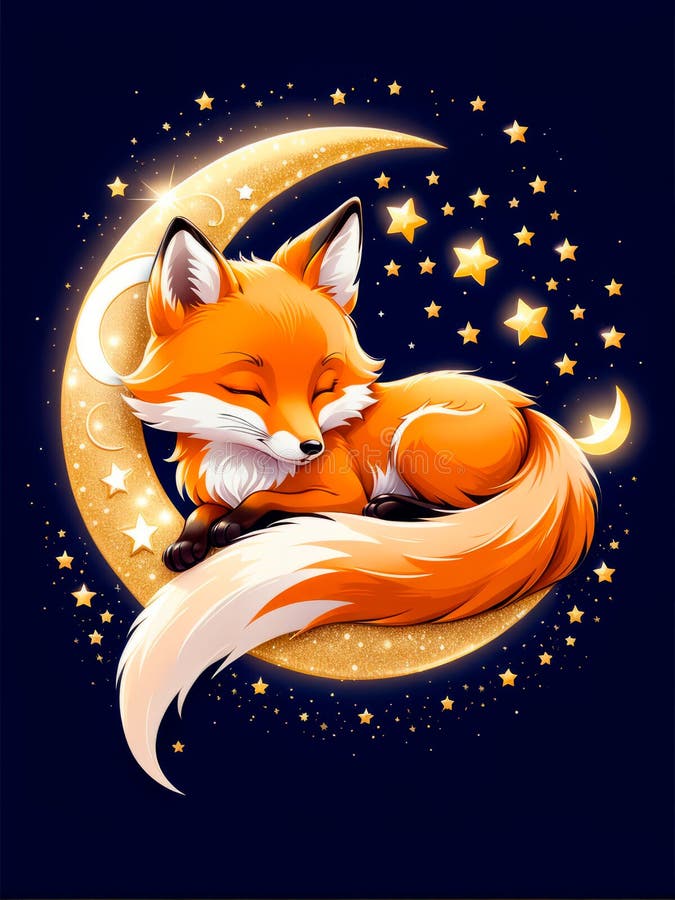 Cute Little Fox Sleeping on Sparkling Moon among the Stars. Graphic ...