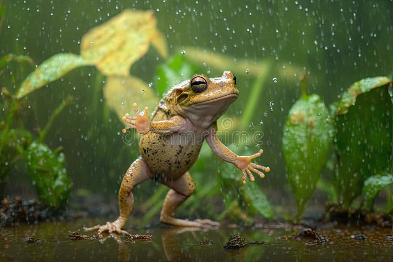 Happy Little Frog is Dancing in the Rain in the Woods Stock ...