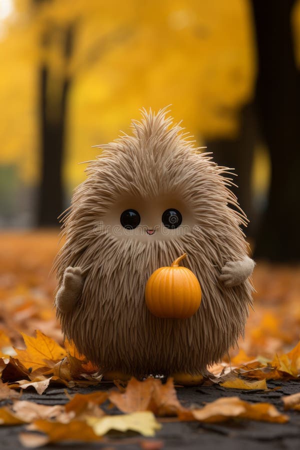 A Cute Little Furry Creature Holding a Pumpkin in the Fall Stock ...