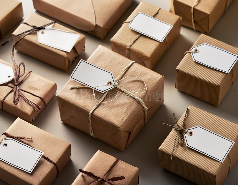 Cute Little Gift Boxes with Blank Labels Wrapped in Recycled Paper ...