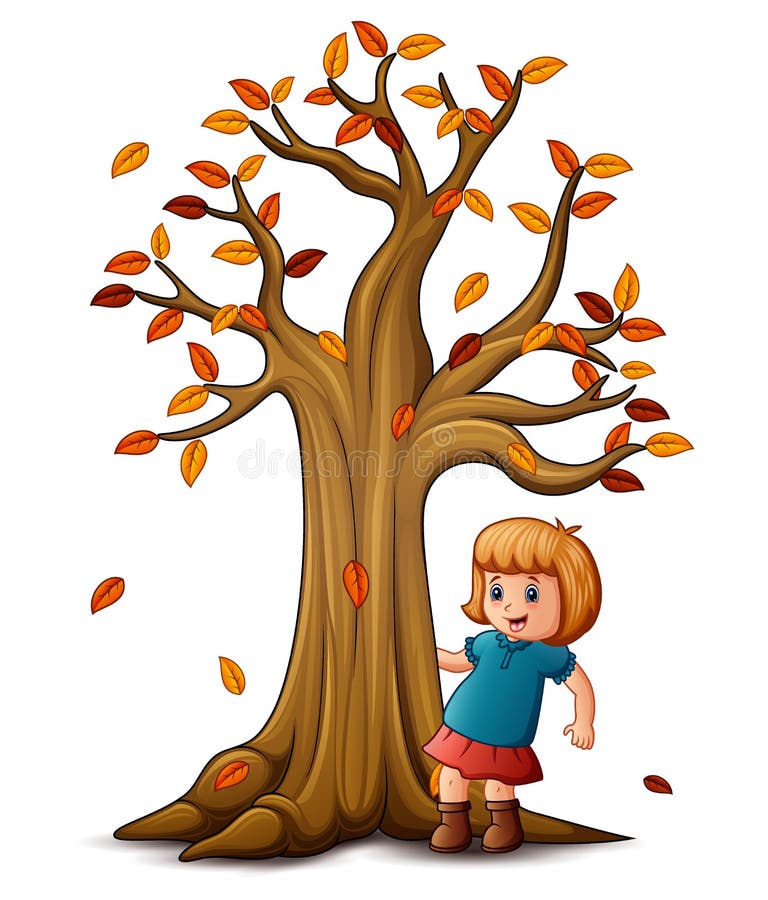 Cute Little Girl with Autumn Tree Stock Vector - Illustration of orange ...