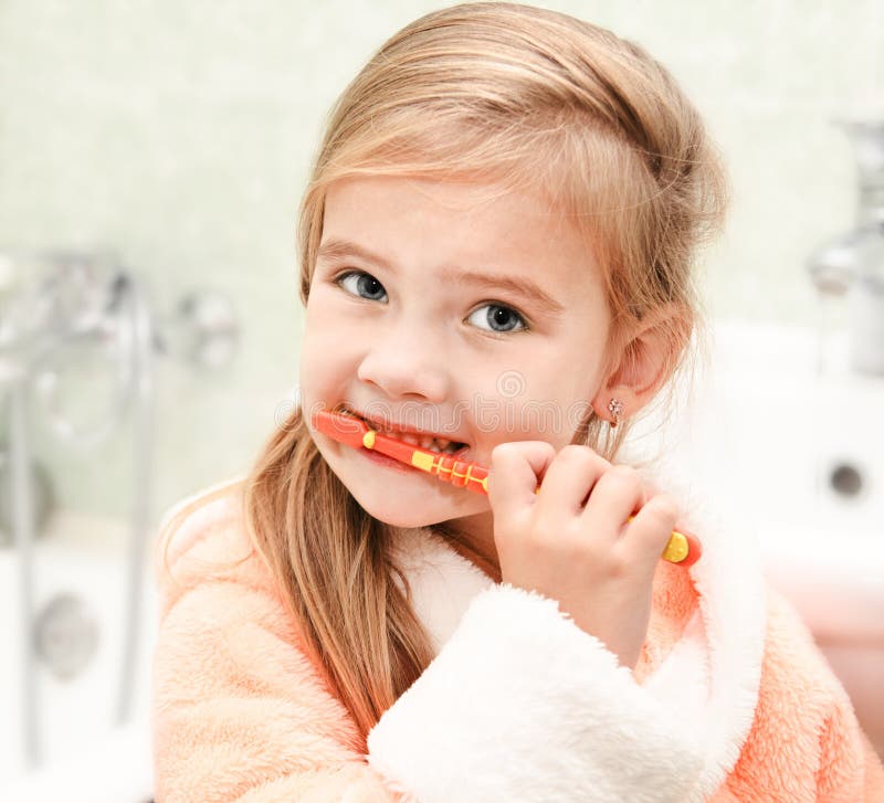Cute Little Girl Brushing Teeth in Bath Stock Photo - Image of cute ...