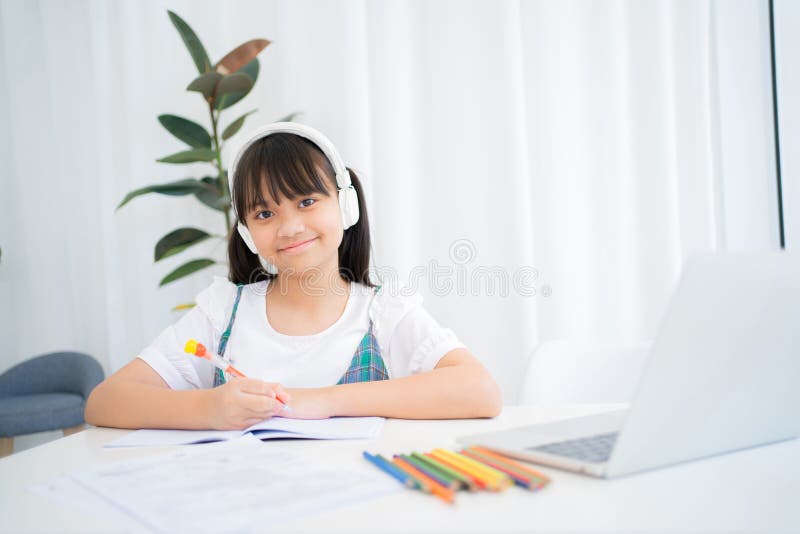Cute Little Girl Children Using Laptop Computer, Studying through ...