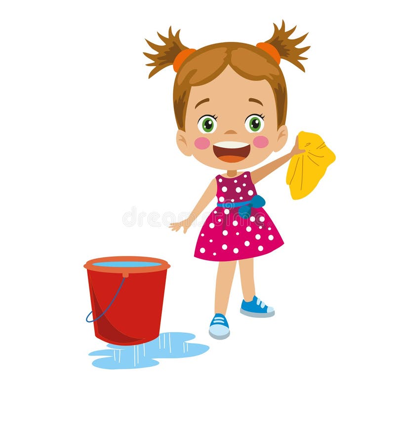 Cute Little Girl Cleaning with Cloth Stock Vector - Illustration of ...