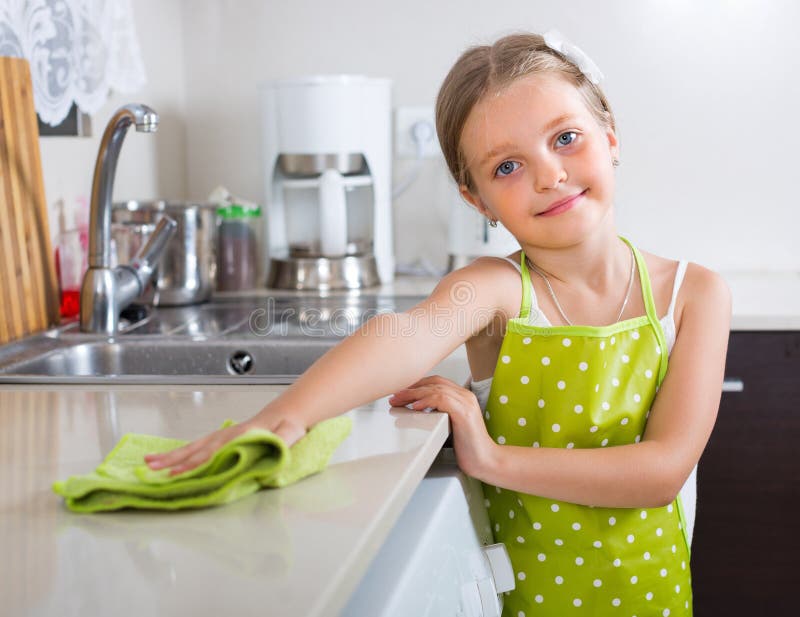 Cute Little Girl Cleaning at Kitchen Stock Image - Image of small ...