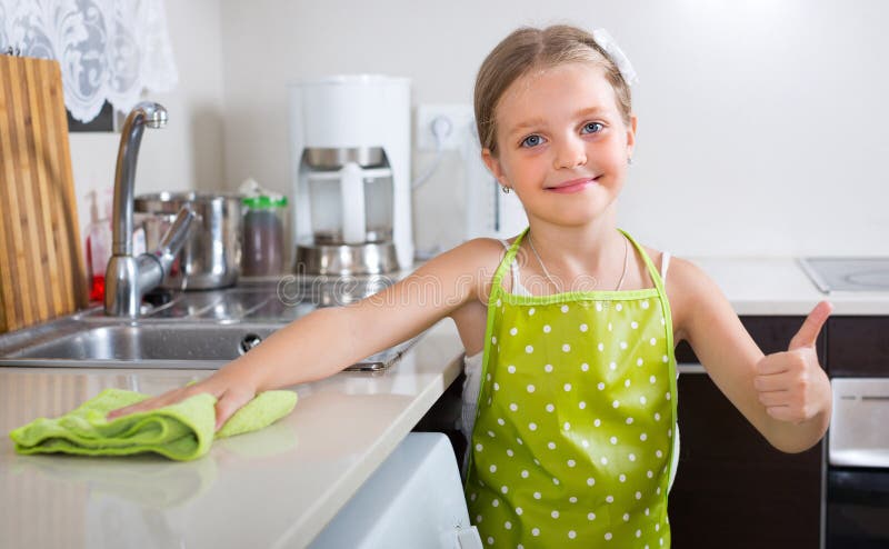 Cute Little Girl Cleaning at Kitchen Stock Image - Image of hand, girl ...