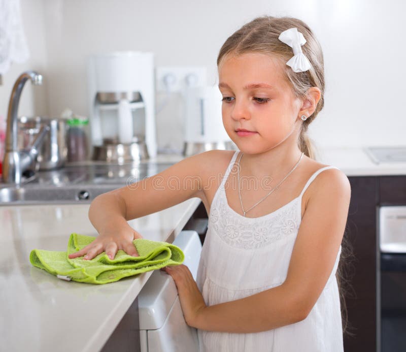 Cute Little Girl Cleaning at Kitchen Stock Image - Image of manual ...