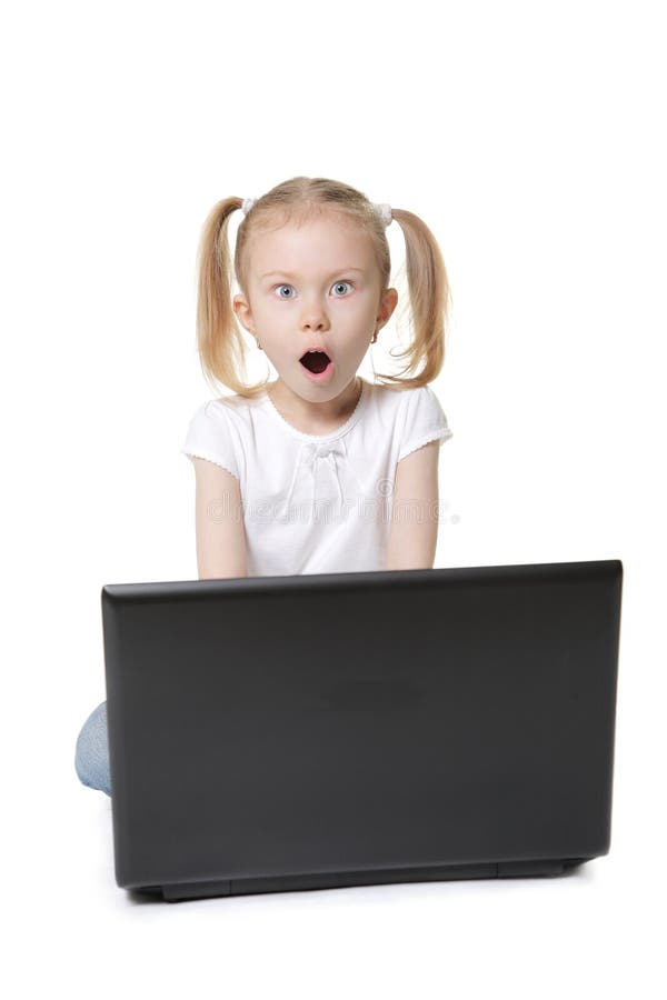 Cute Little Girl with a Computer Stock Image - Image of playing, white ...