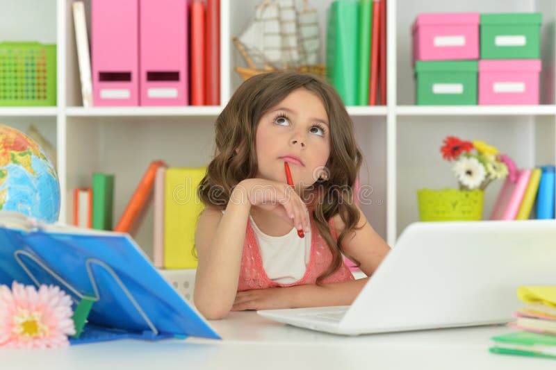 Cute Girl Ding Home Work at Desk Stock Image - Image of sense ...