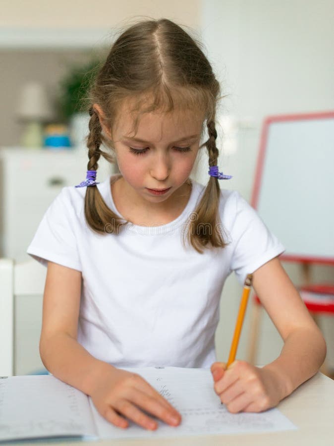 Cute Little Girl Doing Her Homework. Stock Image - Image of preschool ...