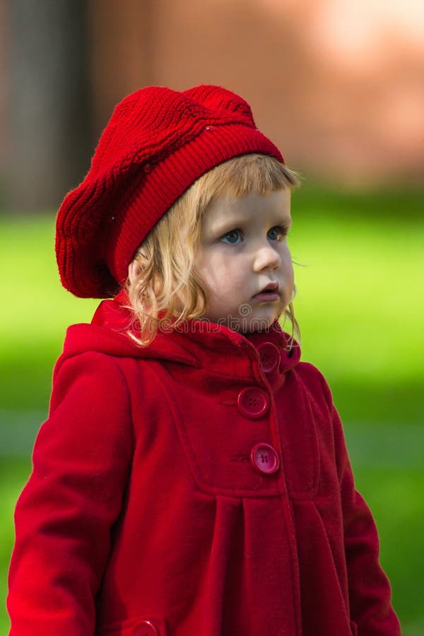 Cute Little Girl Dressing in Red Coat Stock Image - Image of enjoying ...
