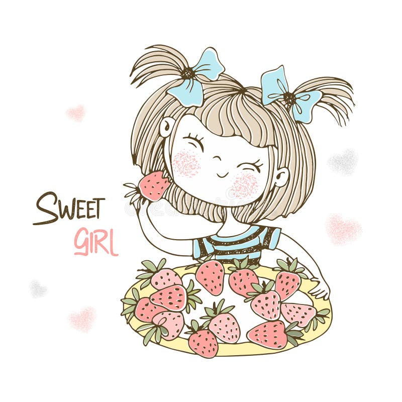 Cute Little Girl Eating Strawberries. Vector Illustrations. Stock ...