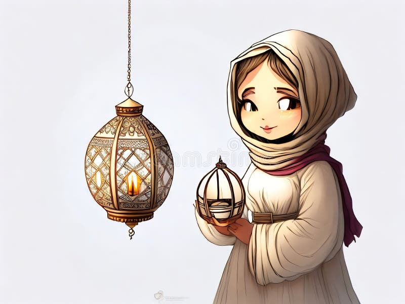Illustration of Little Girl Holding Arabic Ramadan Lantern. Ai ...