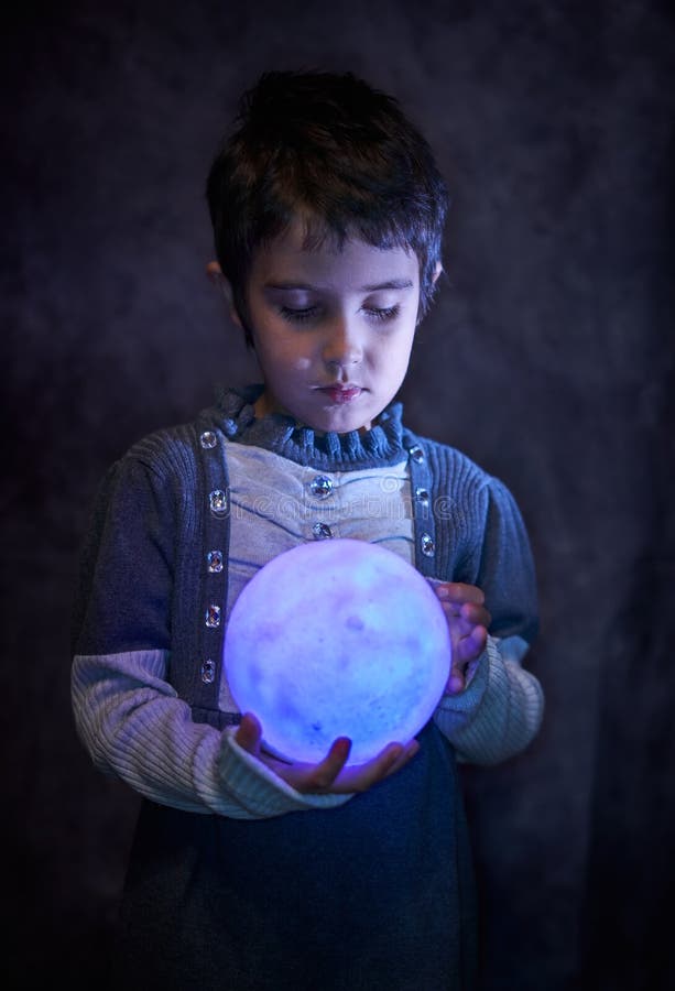 Cute Little Girl Holding the Little Shiny Moon Stock Photo - Image of ...