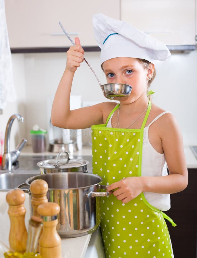 Cute Little Girl at Home Kitchen Stock Image - Image of cook, learning ...
