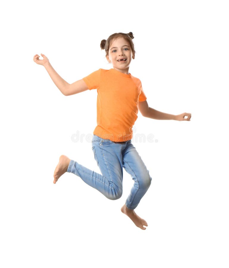 Cute Little Girl Jumping on White Background Stock Photo - Image of ...