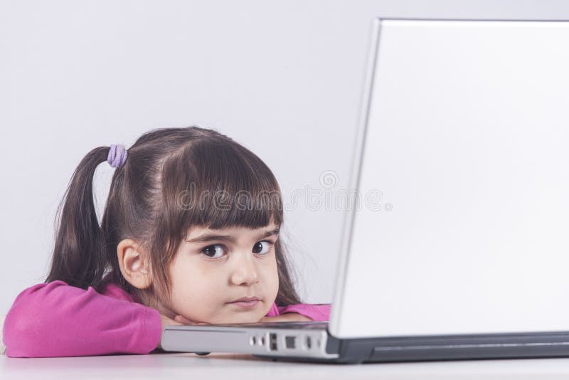 Cute Little Girl with Laptop Computer Stock Photo - Image of homework ...