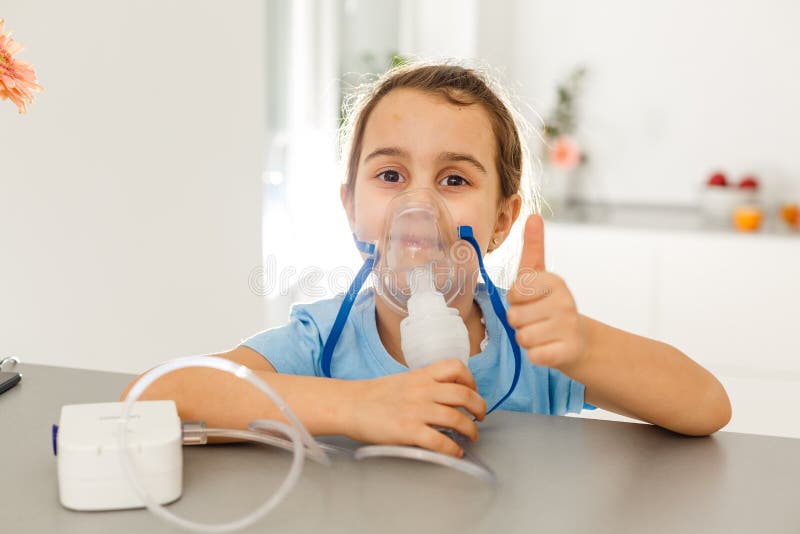 Cute Little Girl with Nebulizer Mask. Stock Photo - Image of little ...