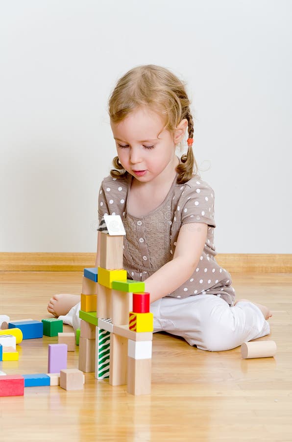 Cute Little Girl Playing with Building Blocks Stock Image - Image of ...