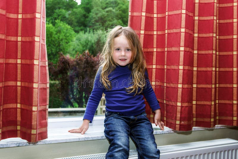 Cute Little Girl Playing with Drapes on the Window Stock Image - Image ...