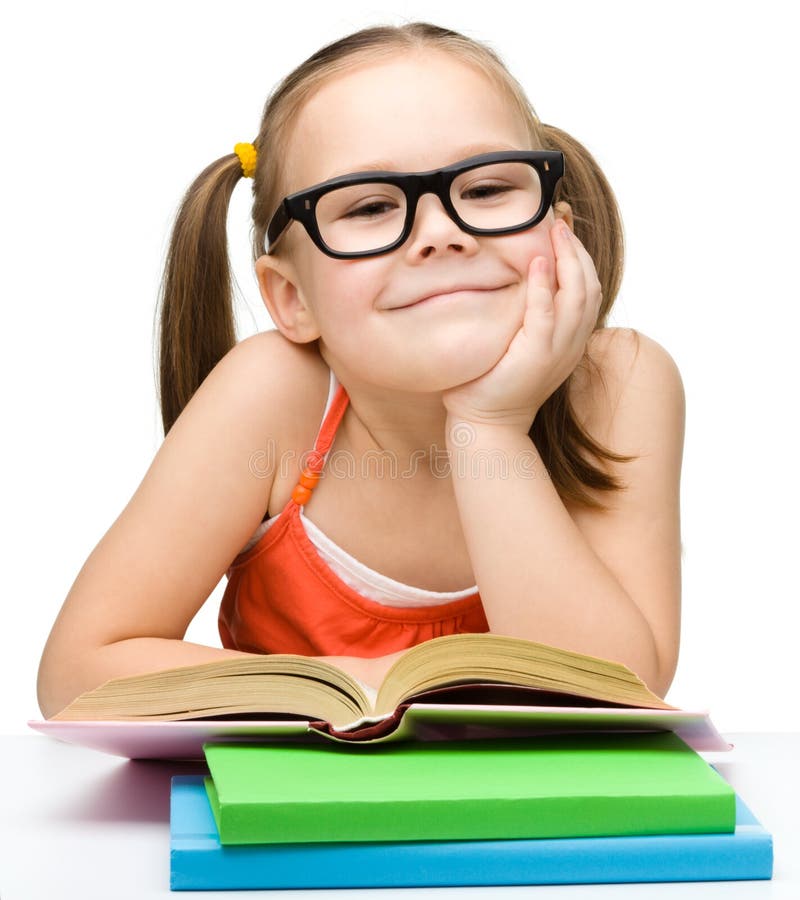 Cute Little Girl is Reading Book Stock Photo - Image of caucasian ...