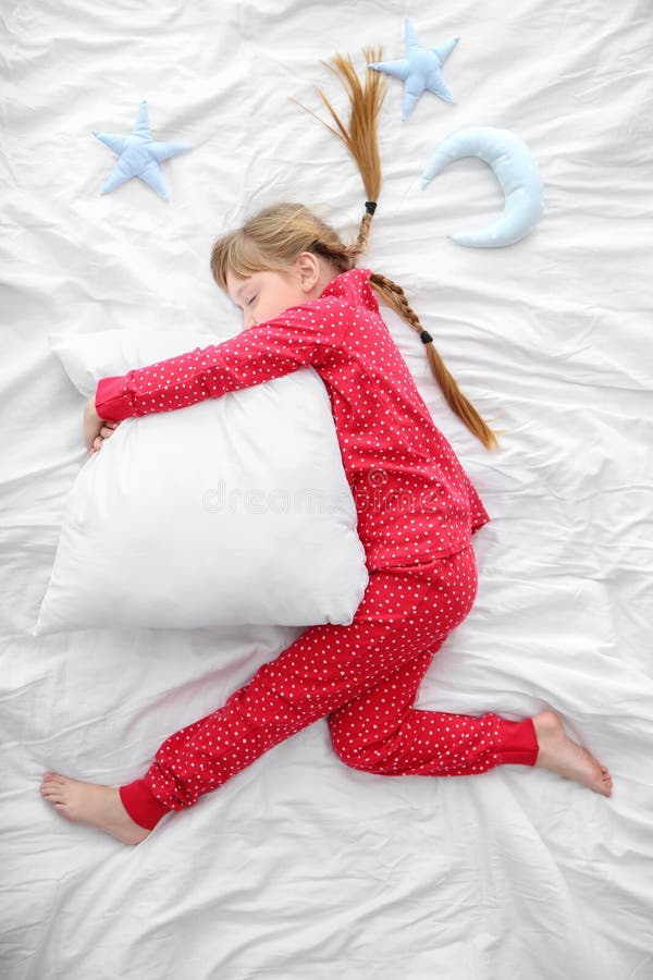 Cute Little Girl Sleeping in Bed, Top View Stock Photo - Image of ...