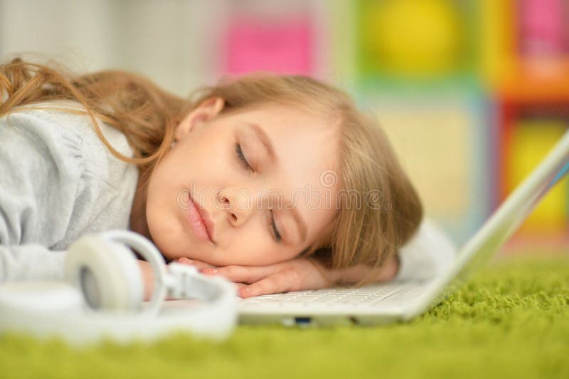 Little Girl Sleeping on Laptop Stock Image - Image of keyboard ...