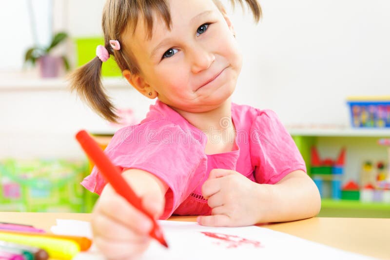 Cute Little Girl Study at Home Stock Photo - Image of interior, color ...