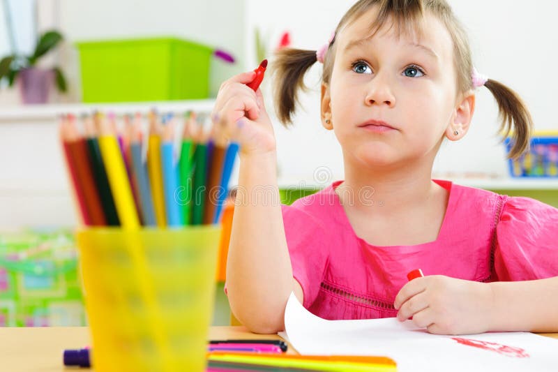 Cute Little Girl Study at Home Stock Photo - Image of pencil, pretty ...